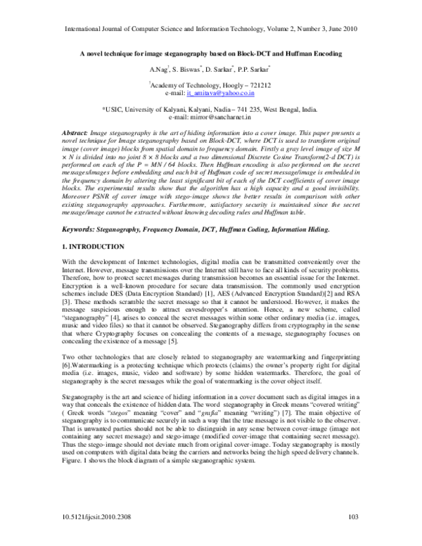Pdf A Novel Technique For Image Steganography Based On Block Dct And Huffman Encoding