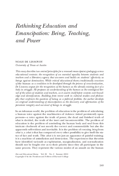 (PDF) Rethinking Education and Emancipation: Being, Teaching, and Power