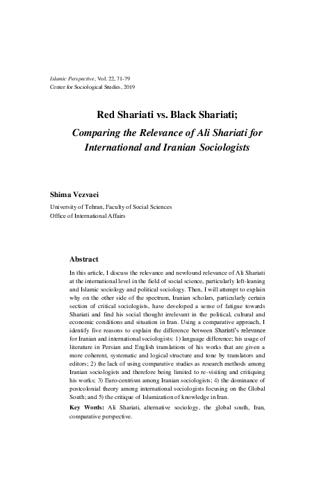 (PDF) Red Shariati vs. Black Shariati; Comparing the Relevance of Ali ...