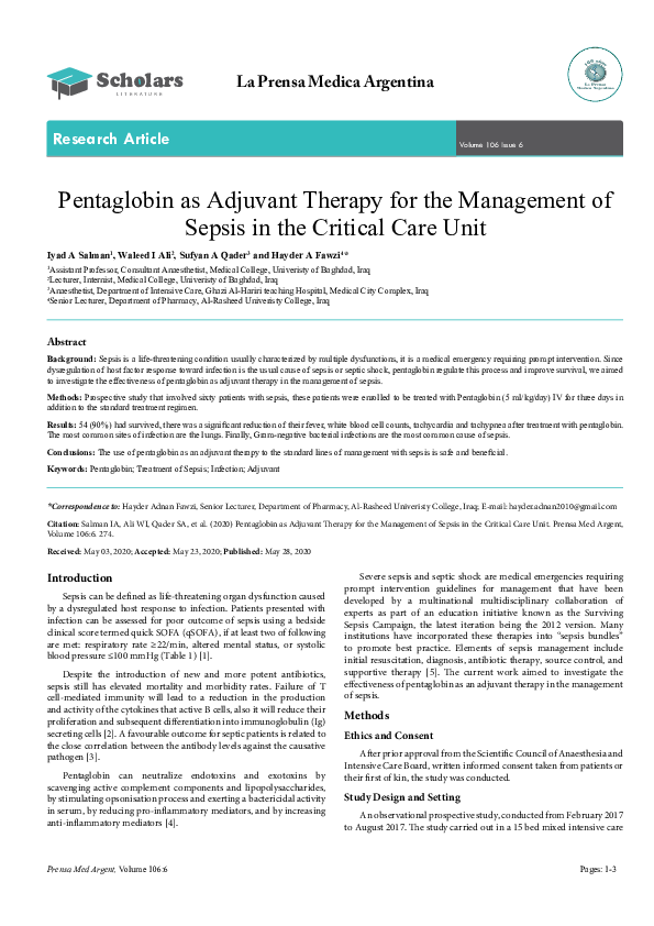 (PDF) Pentaglobin as Adjuvant Therapy for the Management of Sepsis in ...