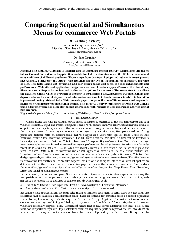 (PDF) Comparing Sequential and Simultaneous Menus for ecommerce Web Portals
