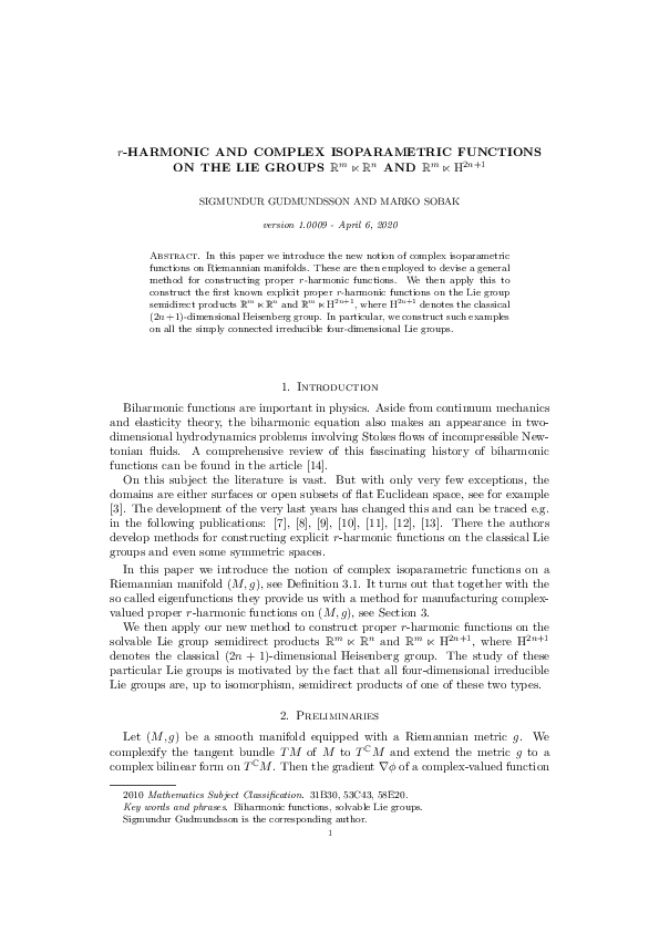 (PDF) p-Harmonic and complex isoparametric functions on the Lie groups R^m\ltimes R^n and R^m ...