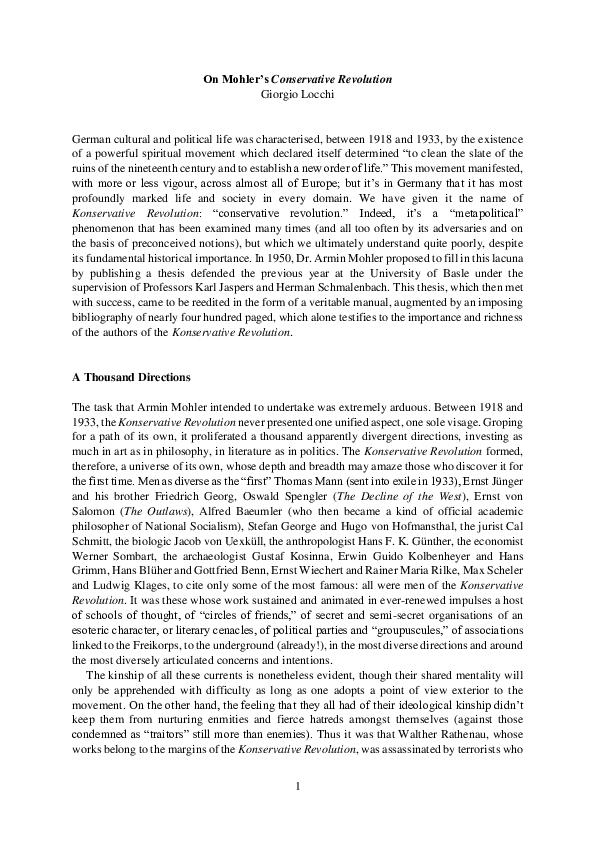 (PDF) Giorgio Locchi, “On Mohler’s Conservative Revolution” (1973)