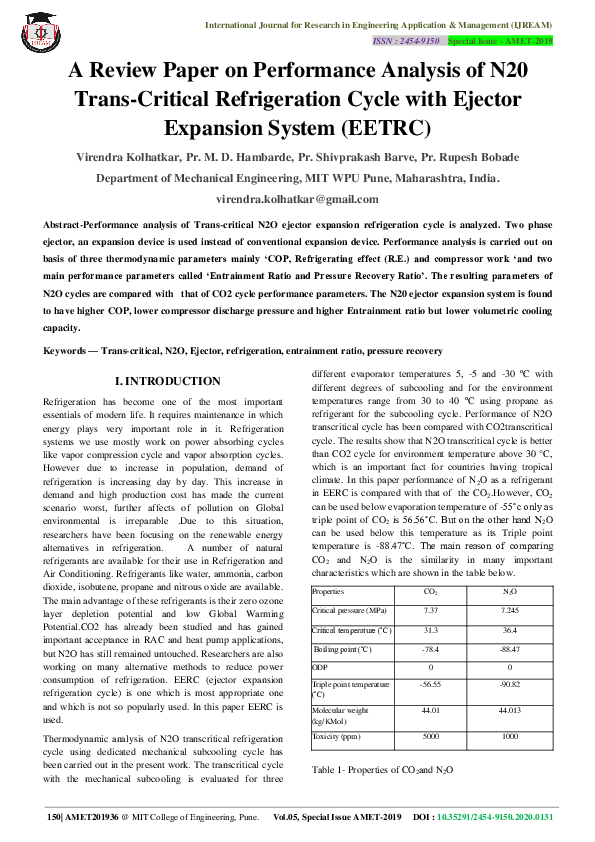 (PDF) A Review Paper on Performance Analysis of N20 Trans-Critical ...