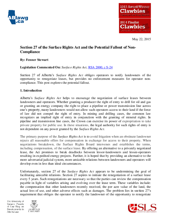 (PDF) Section 27 of the Surface Rights Act and the Potential Fallout of ...