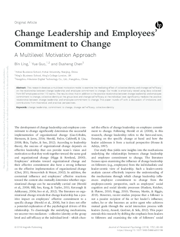 (PDF) Change Leadership and Employees' Commitment to Change A ...