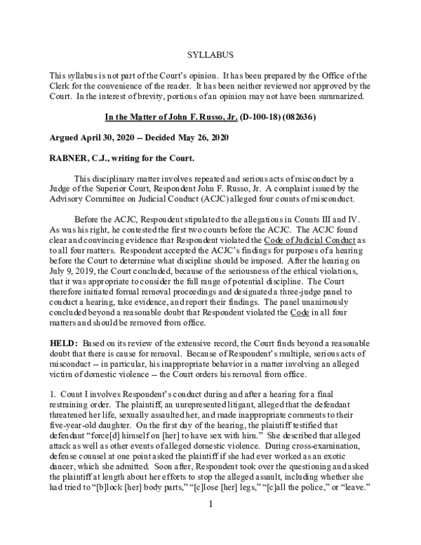 (PDF) In the Matter of John F. Russo, Jr. A Judge of the Superior Court ...