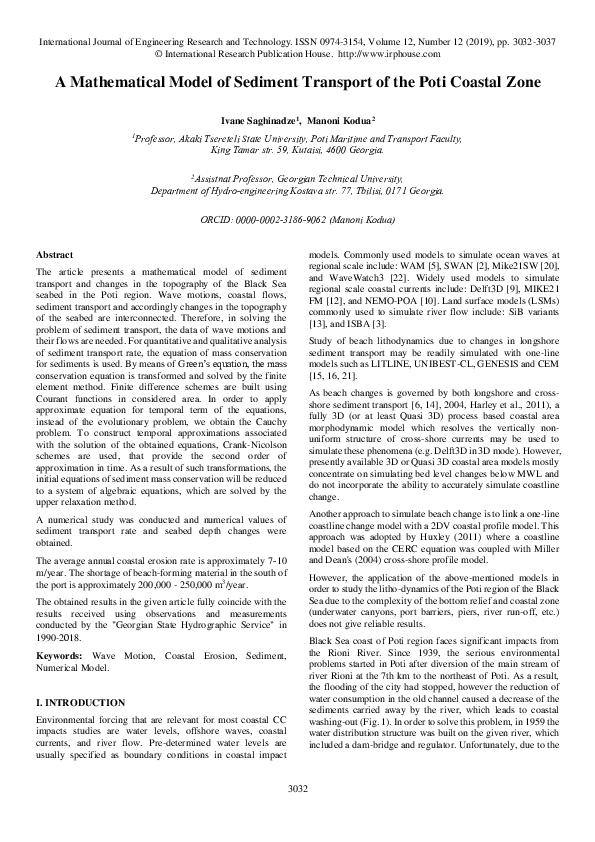(PDF) A Mathematical Model of Sediment Transport of the Poti Coastal Zone