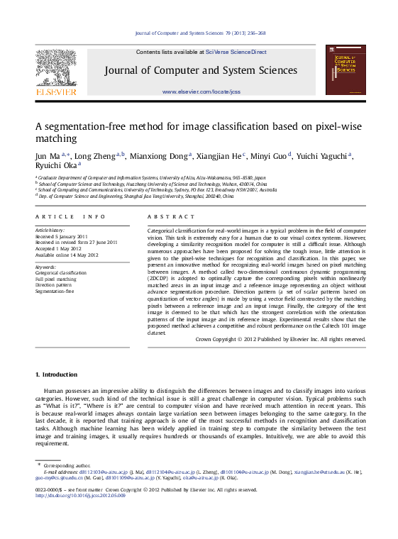 Pdf A Segmentation Free Method For Image Classification Based On Pixel Wise Matching