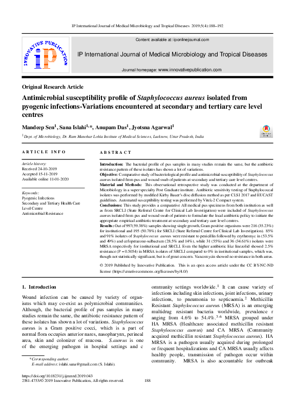 Pdf Antimicrobial Susceptibility Profile Of Staphylococcus Aureus Isolated From Pyogenic