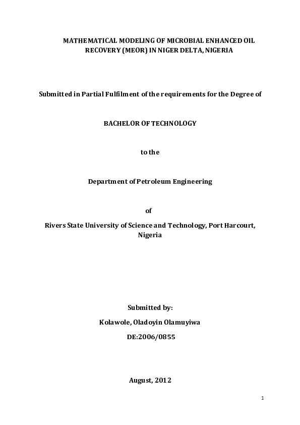 (PDF) Mathematical Modeling Of Microbial Enhanced Oil Recovery (MEOR) in Niger Delta, Nigeria