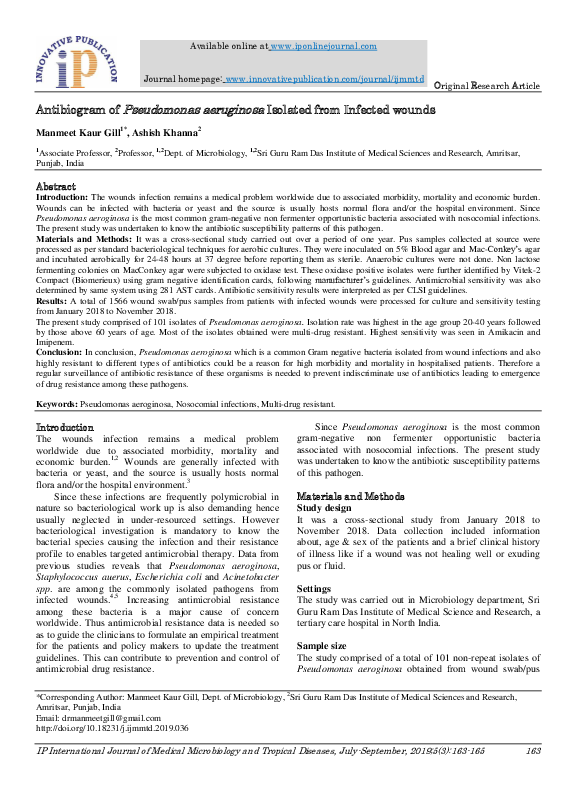 (PDF) Antibiogram of Pseudomonas aeruginosa Isolated from Infected wounds