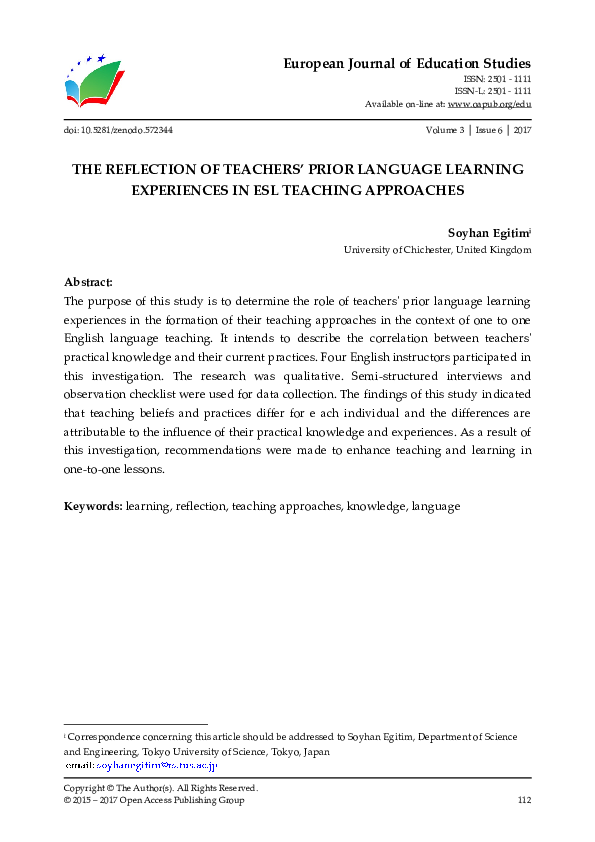 (PDF) THE REFLECTION OF TEACHERS’ PRIOR LANGUAGE LEARNING EXPERIENCES ...