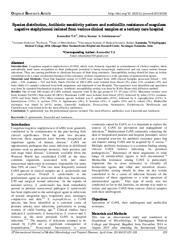 (PDF) Species distribution, Antibiotic sensitivity pattern and methicillin resistance of ...