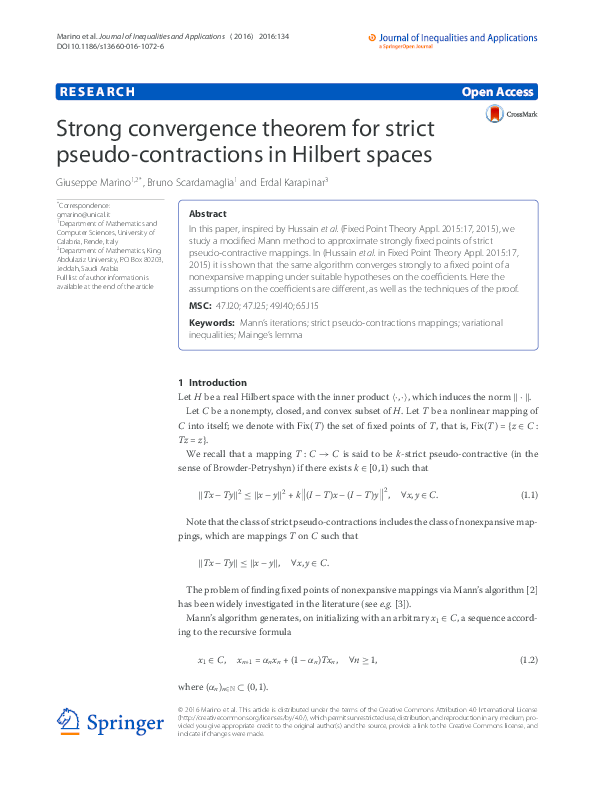 Pdf Strong Convergence Theorem For Strict Pseudo Contractions In Hilbert Spaces