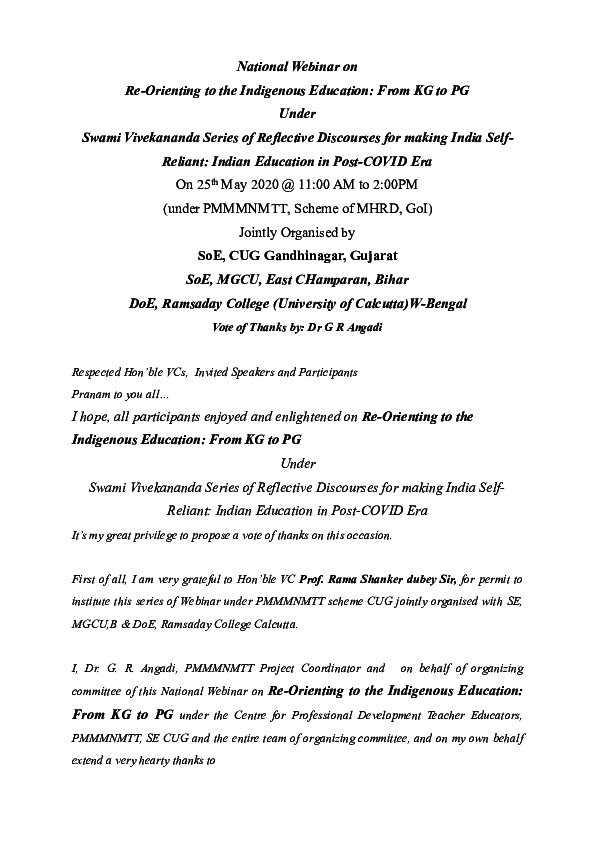 (PDF) Vote of Thanks Script, by Dr. G. R. Angadi - 25.