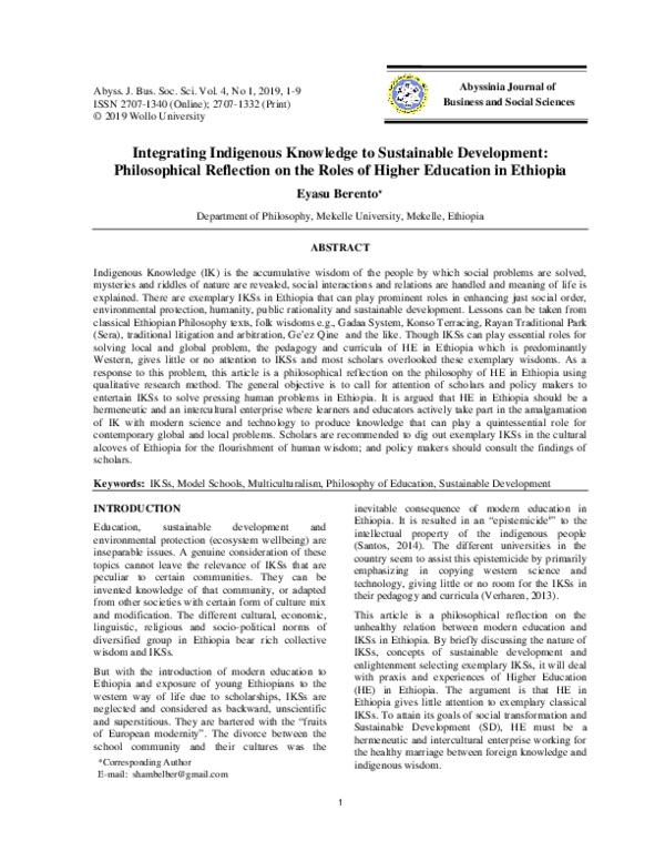 (PDF) Integrating Indigenous Knowledge to Sustainable Development: Philosophical Reflection on ...