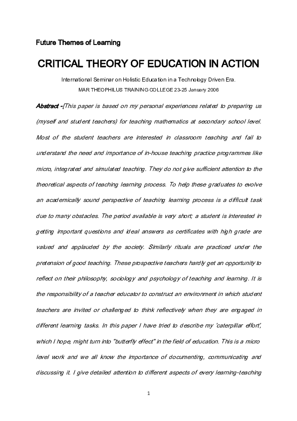 (PDF) Critical education theory in action