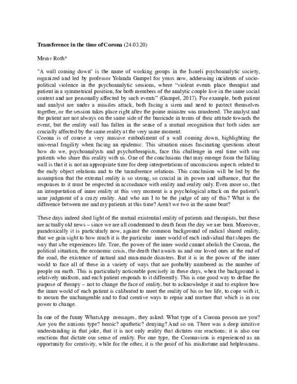 (PDF) Transference in the time of Corona Merav Roth IPA Website20200529 ...