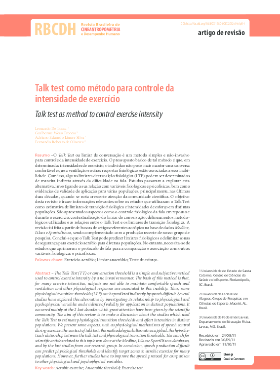 (PDF) Talk test as method to control exercise intensity