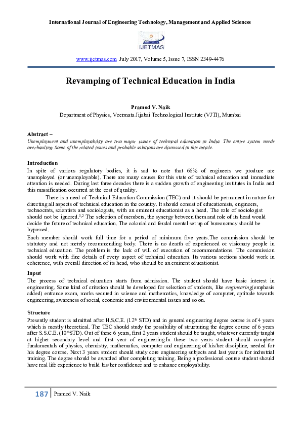 (PDF) Revamping of Technical Education in India