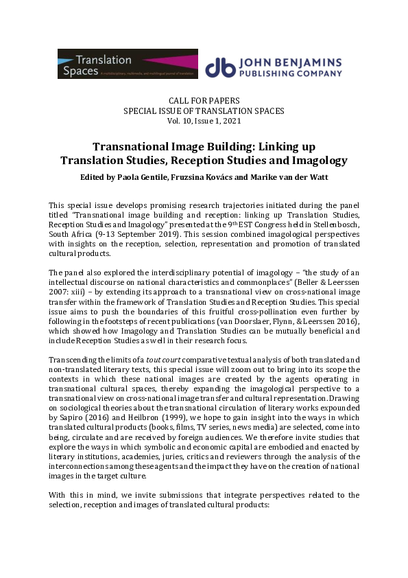 (PDF) CALL FOR PAPERS SPECIAL ISSUE OF TRANSLATION SPACES Vol. 10 ...