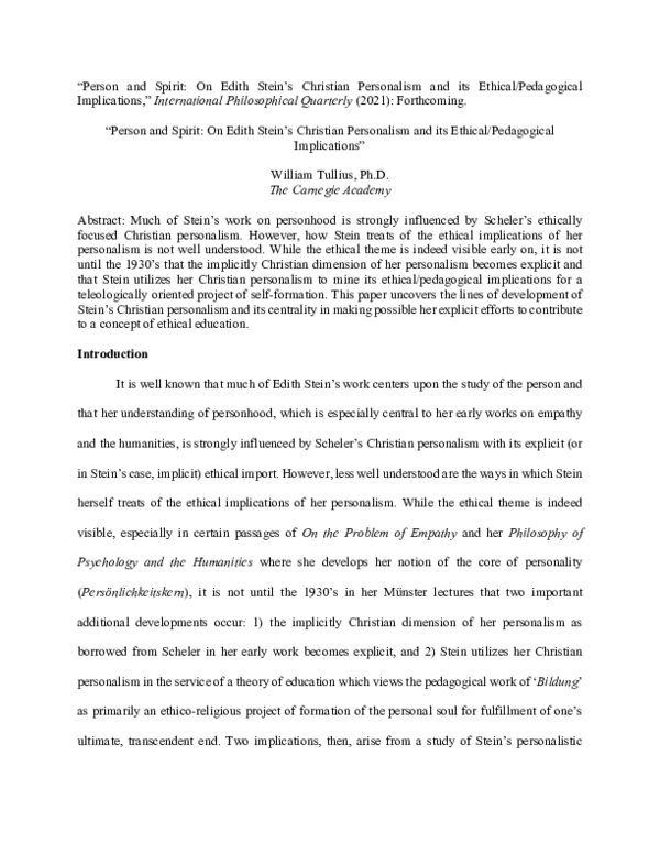 (PDF) Person and Spirit—On Edith Stein's Christian Personalism and its ...