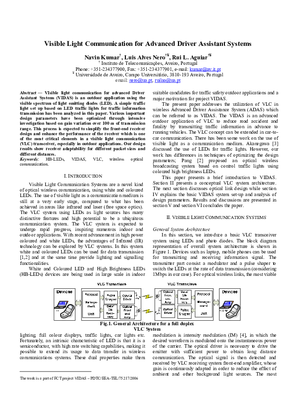 (PDF) Visible light communication for advanced driver assistant systems