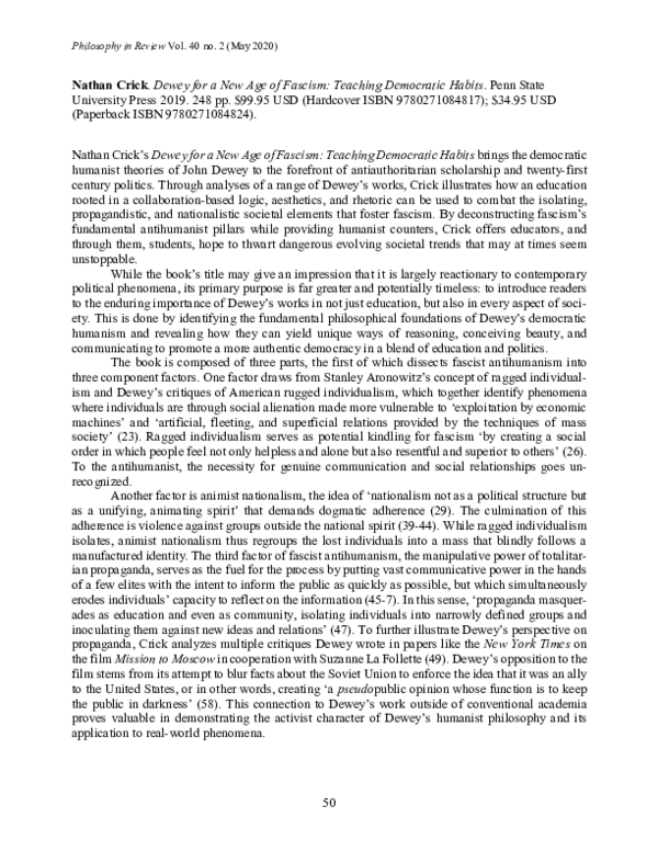 (PDF) Review of Nathan Crick’s Dewey for a New Age of Fascism: Teaching ...