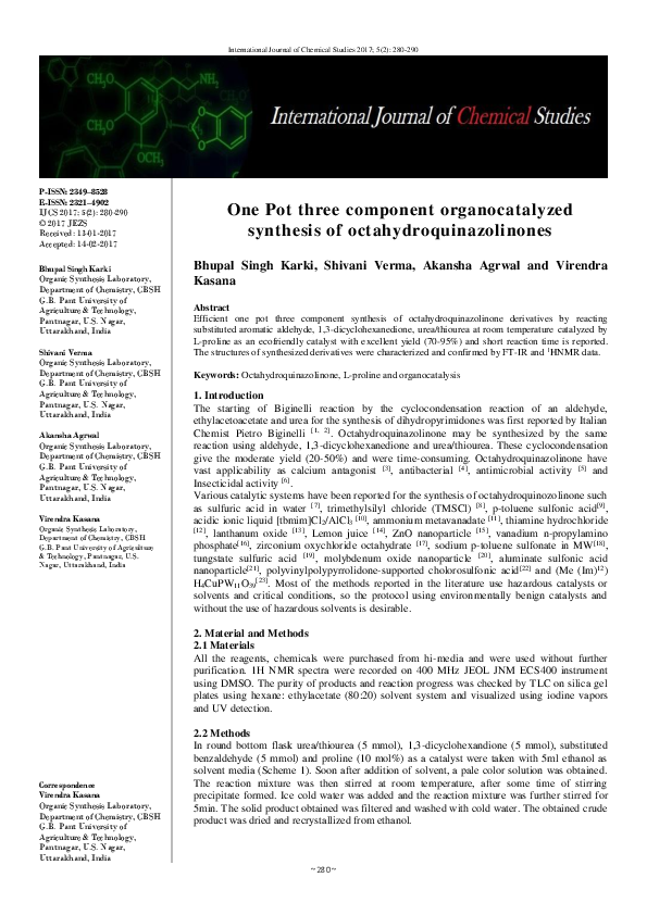 (PDF) One Pot three component organocatalyzed synthesis of octahydroquinazolinones