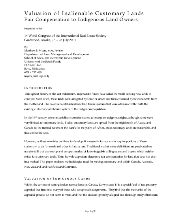 (PDF) Valuation of Inalienable Customary Lands Fair Compensation to ...