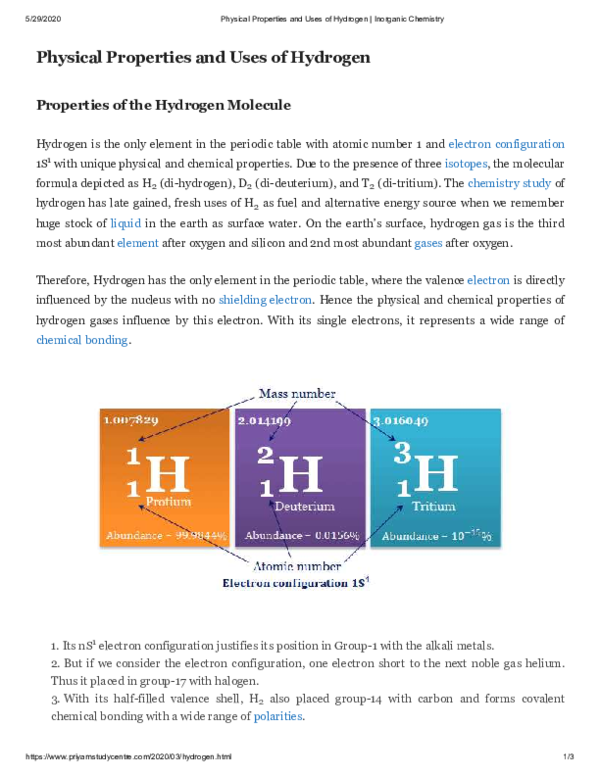 (PDF) Physical Properties and Uses of Hydrogen Properties of the Hydrogen Molecule