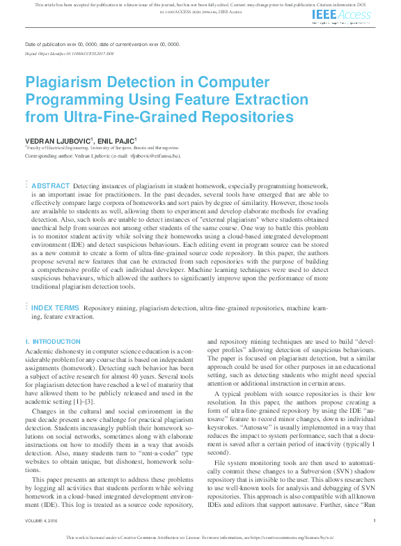 Pdf Plagiarism Detection In Computer Programming Using Feature