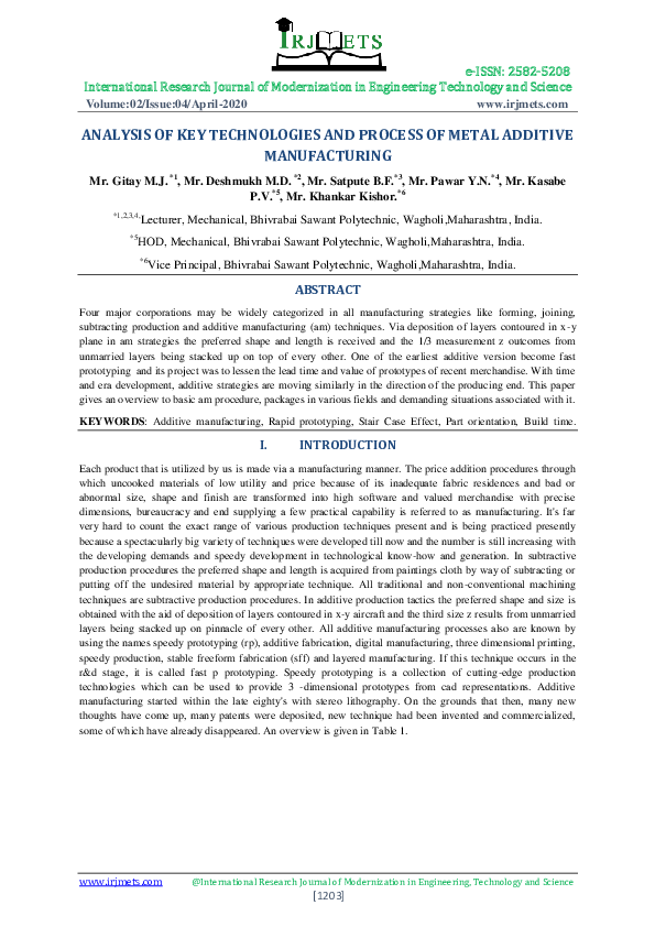 (PDF) ANALYSIS OF KEY TECHNOLOGIES AND PROCESS OF METAL ADDITIVE ...