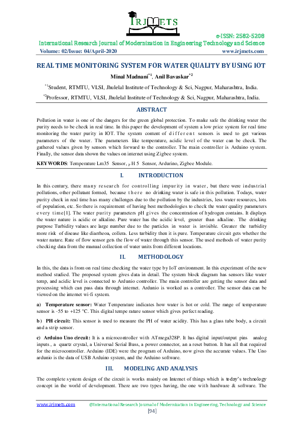 (PDF) REAL TIME MONITORING SYSTEM FOR WATER QUALITY BY USING IOT