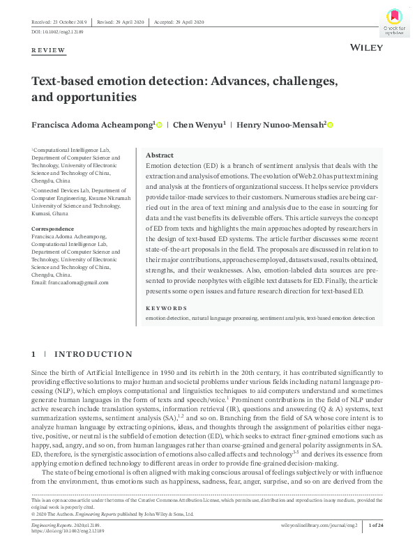 Pdf Text Based Emotion Detection Advances Challenges And Opportunities