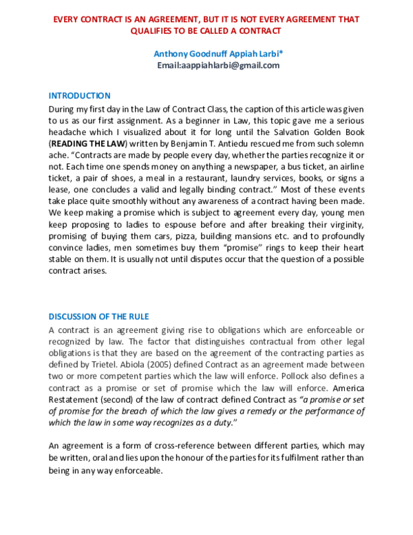 (PDF) EVERY CONTRACT IS AN AGREEMENT, BUT IT IS NOT EVERY AGREEMENT ...