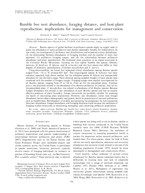 (PDF) Bumble bee nest abundance, foraging distance, and host-plant ...