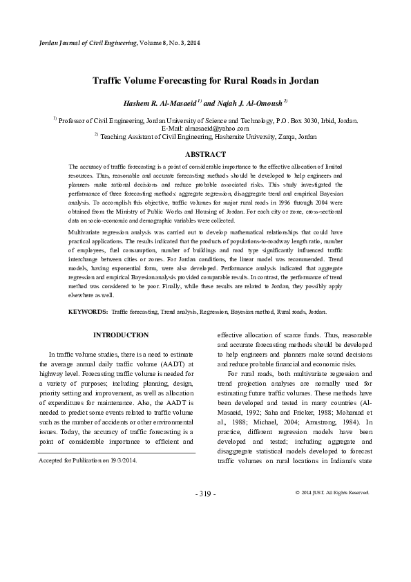 (PDF) Traffic Volume Forecasting for Rural Roads in Jordan