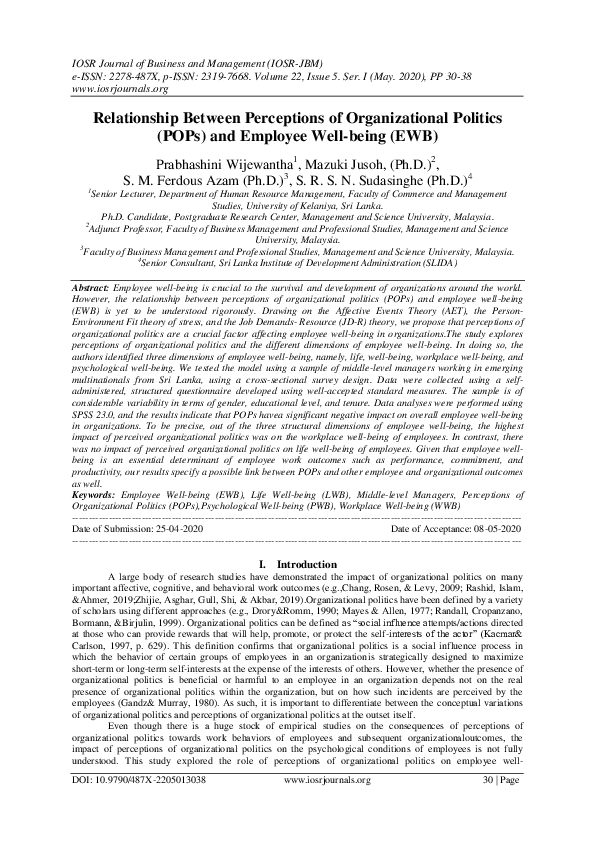 (PDF) Relationship Between Perceptions of Organizational Politics (POPs) and Employee Well-being ...