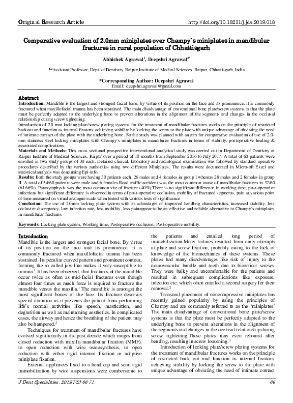 (PDF) Comparative evaluation of 2.0mm miniplates over Champy`s ...