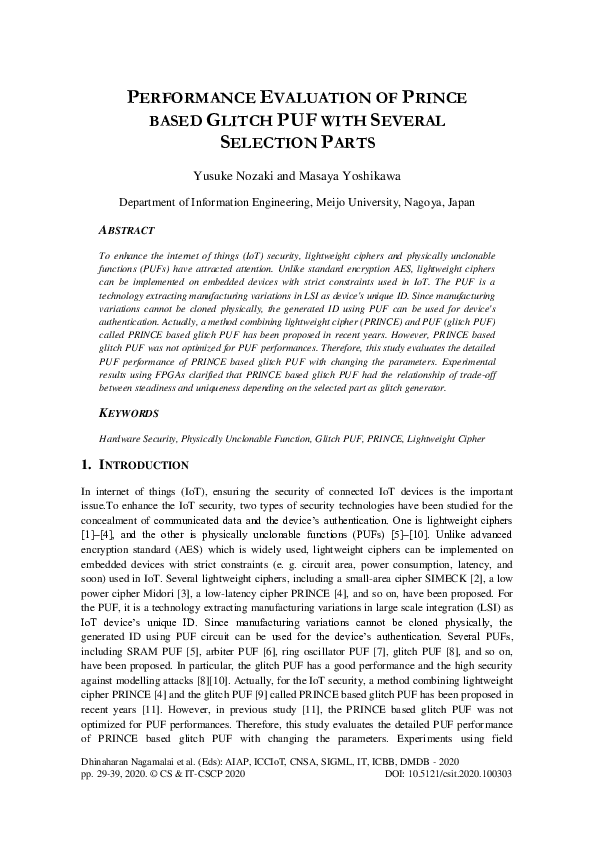 (PDF) PERFORMANCE EVALUATION OF PRINCE BASED GLITCH PUF WITH SEVERAL SELECTION PARTS