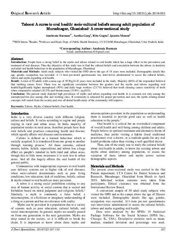 (PDF) Taboos: A curse to oral health: socio-cultural beliefs among ...