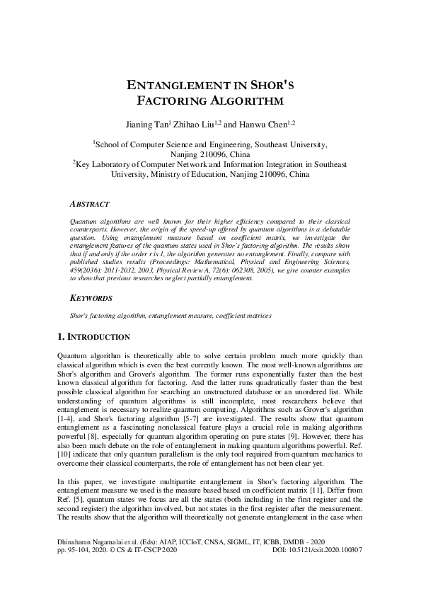 Pdf Entanglement In Shors Factoring Algorithm