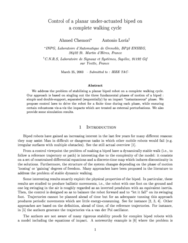 Pdf Control Of A Planar Underactuated Biped On A Complete Walking Cycle Ahmed Chemori