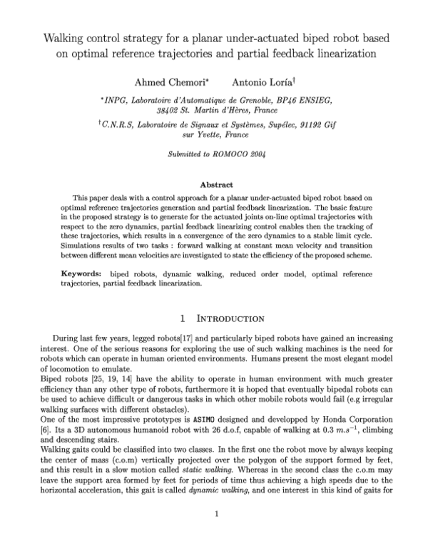 (PDF) Walking control strategy for a planar under-actuated biped robot ...