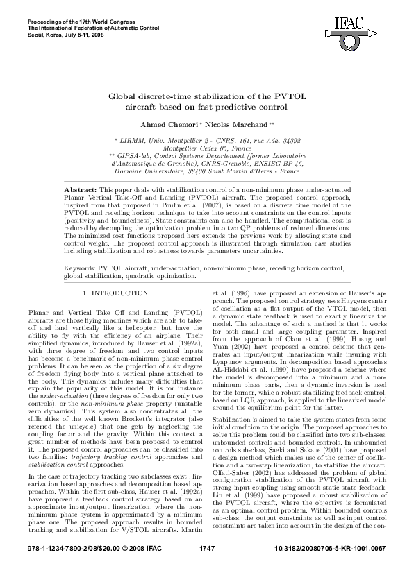 (PDF) Global Discrete Time Stabilization of the PVTOL Aircraft Based on Fast Predictive Control