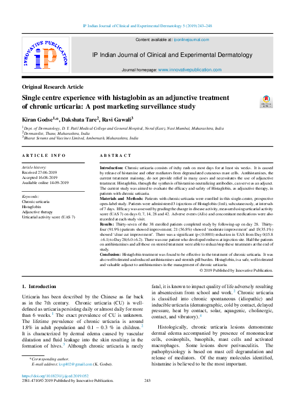 (PDF) Single centre experience with histaglobin as an adjunctive ...