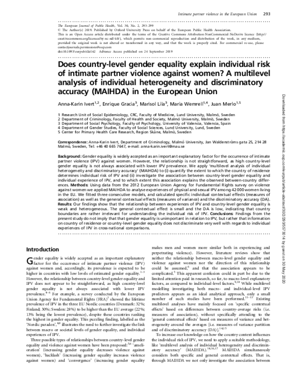 (PDF) Does country-level gender equality explain individual risk of ...
