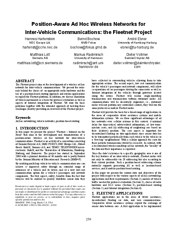 (PDF) Position-aware ad hoc wireless networks for inter-vehicle communications: the Fleetnet project